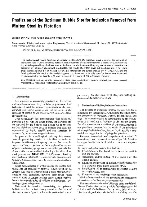 Pdf Prediction Of The Optimum Bubble Size For Inclusion Removal From