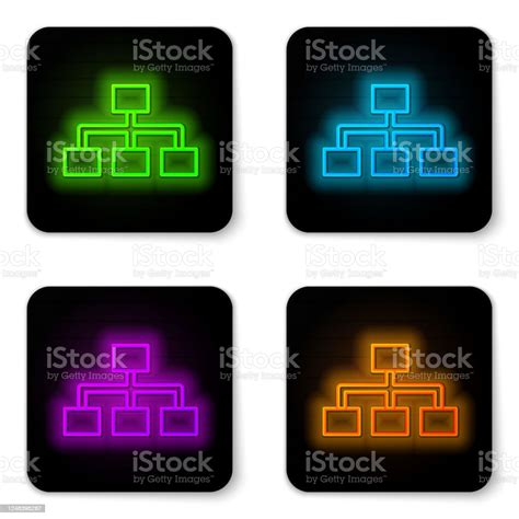 빛나는 네온 라인 비즈니스 계층 구조 조직 차트 인포 그래픽 아이콘 흰색 배경에 격리 기업 조직 구조 그래픽 요소입니다 검은 정사각형 버튼 벡터 일러스트레이션 개념에 대한