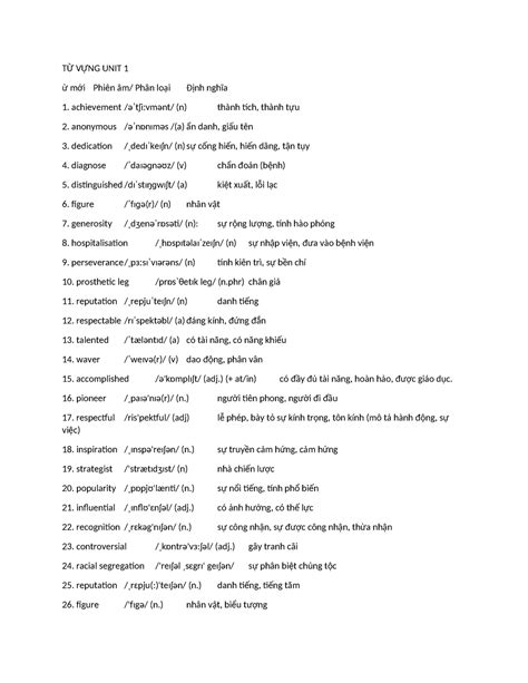 TỪ VỰng Unit 1 Bbbbbbbbbbbbbbbbbbbb TỪ VỰng Unit 1 ừ Mới Phiên âm Phân Loại Định Nghĩa