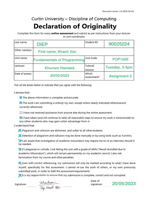 Declaration Of Originality Online Fillable Form Pdf Plagiarism Academic Dishonesty
