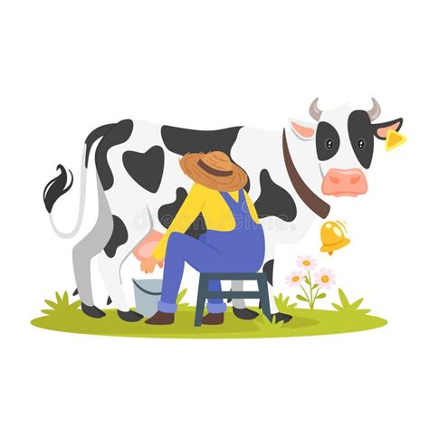 Happy Cow Illustration While The Farmer Milking Stock Vector