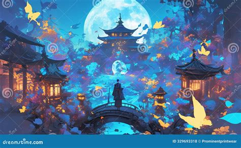 Fantastic Magic Palace And Full Moon Night Stock Illustration