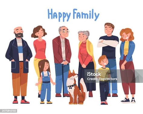 행복하다 가족 서 있는 와 젊은 와 늙은이 와 아이 벡터 일러스트 가족에 대한 스톡 벡터 아트 및 기타 이미지 가족 개념 남성 Istock