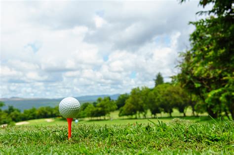 푸른 하늘과 구름과 푸른 잔디에 오렌지 티에 흰색 골프 공의 닫습니다 텍스트에 대 한 공간을 복사 합니다 경쟁에 대한 스톡 사진 및 기타 이미지 Istock