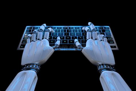 Ai Learning Concept Robot Hands Typing On Keyboard Keypad Robotic Arm Cyborg Using Computer