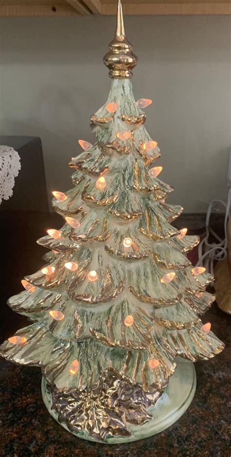 Vintage Style Ceramic Christmas Tree Green 24k Gold Accents Twist