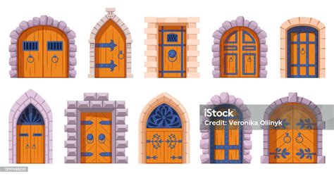 성 중세 문 만화 고대 요새 나무 게이트 중세 왕국 성 게이트 벡터 일러스트 세트 중세 타워 아치 도어 문에 대한 스톡 벡터 아트 및 기타 이미지 Istock