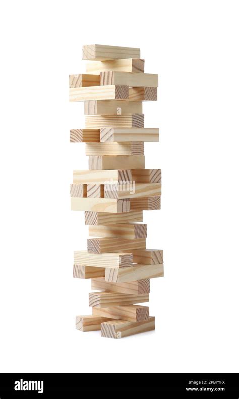 Jenga Tower Made Of Wooden Blocks On White Background Stock Photo Alamy