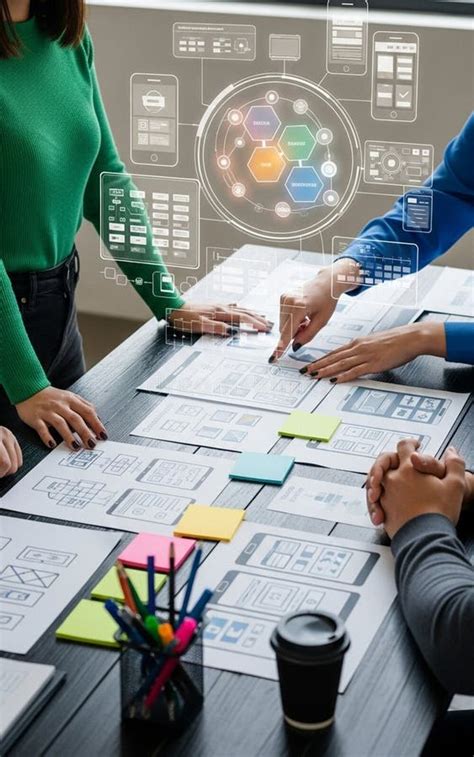 Creative Team Collaborating On Mobile App Interface Design With Digital Wireframe Overlays