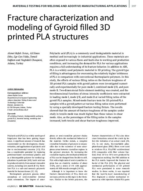 Pdf Fracture Characterization And Modeling Of Gyroid Filled 3d Printed Pla Structures