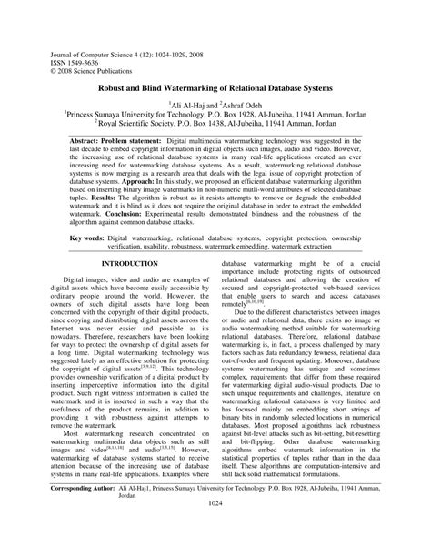 Pdf Robust And Blind Watermarking Of Relational Database Systems