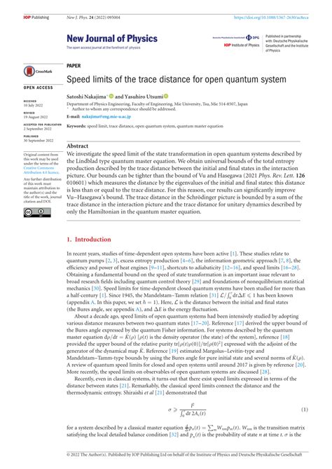 Pdf Speed Limits Of The Trace Distance For Open Quantum System