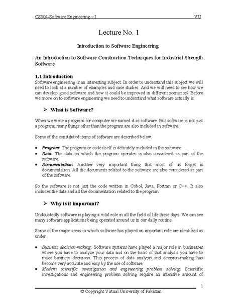 CS 504 Handout Bs Softwear 1 Lecture No 1 Introduction To Software Engineering An
