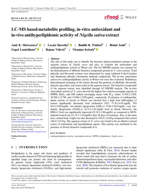 Pdf Lc‐ms Based Metabolite Profiling In‐vitro Antioxidant And In