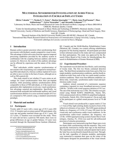 Pdf Multimodal Sensorimotor Investigation Of Audio Visual Integration In Cochlear Implant Users