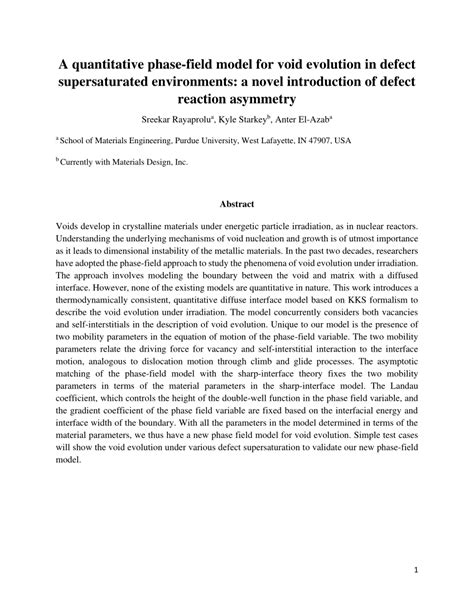 Pdf A Quantitative Phase Field Model For Void Evolution In Defect Supersaturated Environments