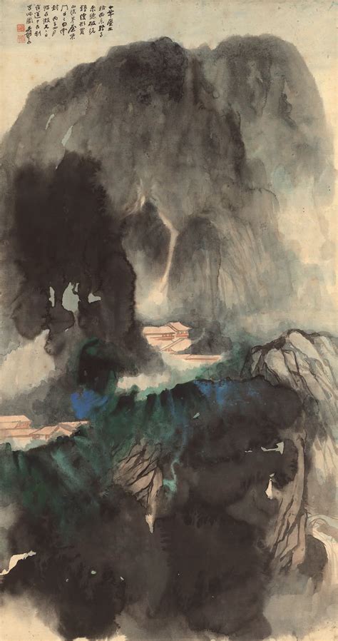 张大千 泼墨山水野寺晨钟图立轴纸本101x192cm国画超高清大图原图扫描真迹全图书画图片下载