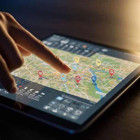 Finger Interacting With A Digital Tablet Displaying A Map The Screen Shows A Detailed Stock