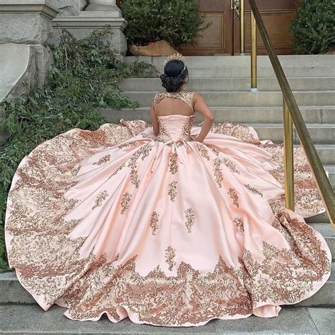 Rose Gold Quinceanera Dresses Sequin Applique Satin Vestidos De 15 Años