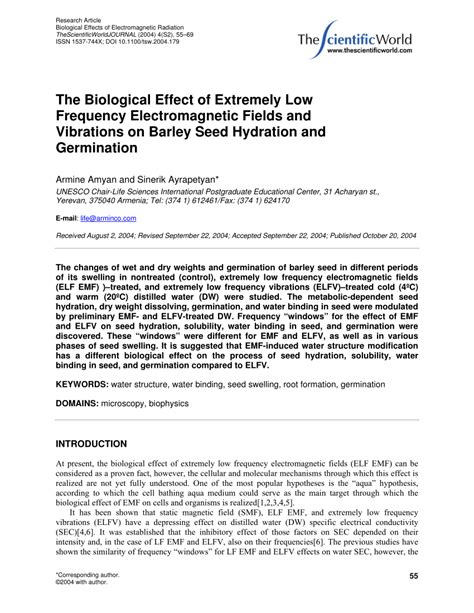 Pdf The Biological Effect Of Extremely Low Frequency Electromagnetic Fields And Vibrations On