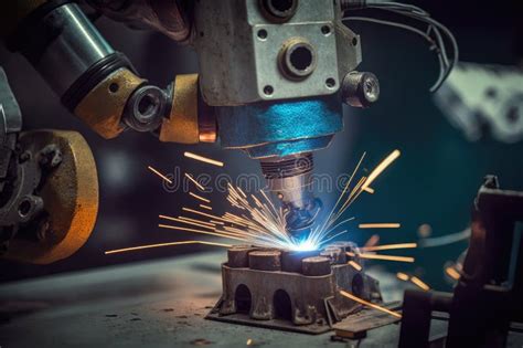 Spot Welding Robot Performing Intricate Welding Task With Close Up View Of The Welds Stock