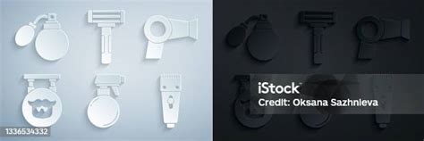 분무기 용 권총 스프레이 병 건조기 이발소 전기 헤어 클리퍼 또는 면도기 면도기 및 후면 면도를 분무기 아이콘으로 설정합니다 벡터 3차원 형태에 대한 스톡 벡터 아트 및