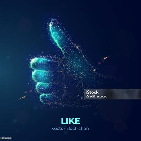 컬러 점구름으로 만든 추상적인 도트워크 벡터 일러스트레이션처럼 엄지 손가락 최대 제스처의 그래픽 디자인 개념은 네온 입자로 구성 디지털 예술 의 손 기호의 소셜 통신의