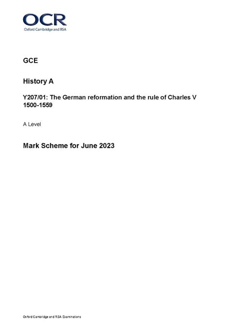 OCR GCE A LEVEL HISTORY A PAPER MARK SCHEME Y The German Reformation And The Rule Of