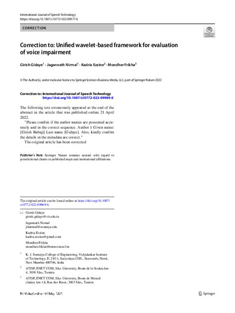 Pdf Correction To Unified Wavelet Based Framework For Evaluation Of