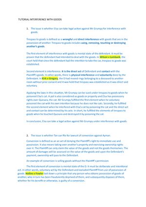 TUTO TORT Interference With Goods Tort Law I Studocu