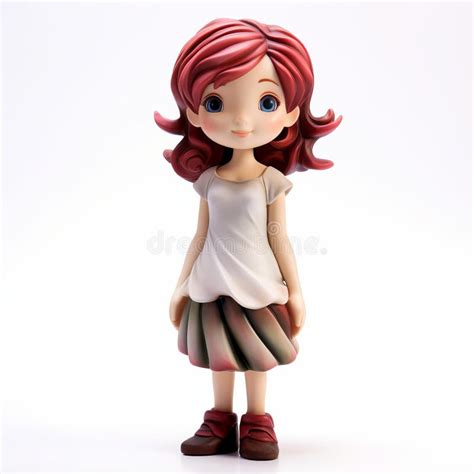Adorable Cartoon Figurine Girl With Auburn Hair On White Stock