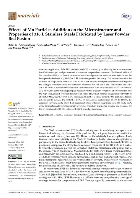 Pdf Effects Of Mo Particles Addition On The Microstructure And Properties Of 316 L Stainless
