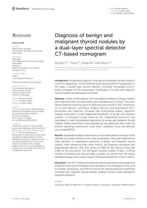 Pdf Diagnosis Of Benign And Malignant Thyroid Nodules By A Dual Layer Spectral Detector Ct
