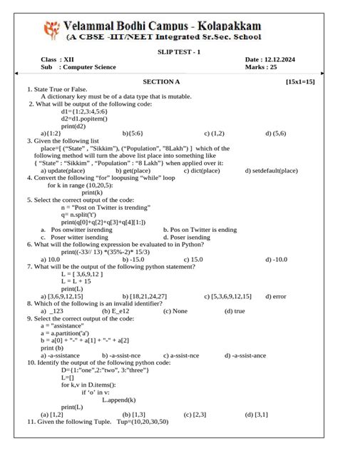 Xii Cs Slip Test 1 Python Revision Tour 121224 Pdf Control Flow Computer Science