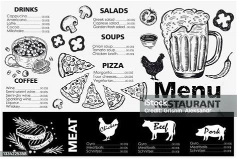 레스토랑 스케치 일러스트레이션을 위한 메뉴 템플릿 디자인입니다 벡터 고기에 대한 스톡 벡터 아트 및 기타 이미지 고기 구이 굽기 Istock