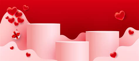 빈 연단 받침대 또는 종이 컷 물결 모양과 분홍색 배경에 빨간 사랑 풍선 플랫폼 제품 프레젠테이션을 위한 기하학적 양식의 최소