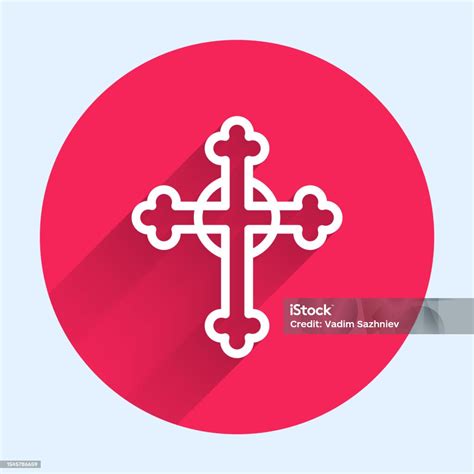 긴 그림자로 고립 된 화이트 라인 기독교 십자가 아이콘 교회 십자가 빨간색 원 버튼입니다 벡터 0명에 대한 스톡 벡터 아트 및