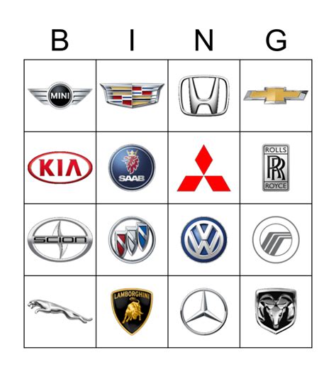 45 Automobile Logos Bingo Game Bingo Card