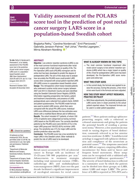 pdf validity assessment of the polars score tool in the prediction of post rectal cancer