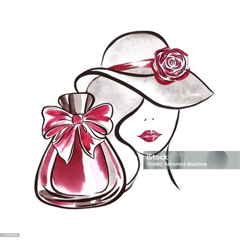향수 한 병과 모자를 쓴 여자의 얼굴 손으로 그린 수채화 그림입니다 화장품 배너 및 화장품 디자인용 엽서 및 명함 라벨 및