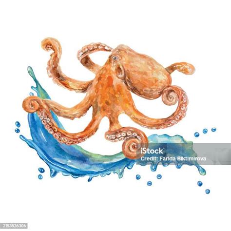 파도에 문어 수채화 바다 생물 벡터 일러스트 레이 션입니다 엽서 여행 배너 전단지 라벨 포스터 표지의 디자인 요소 관광에 대한