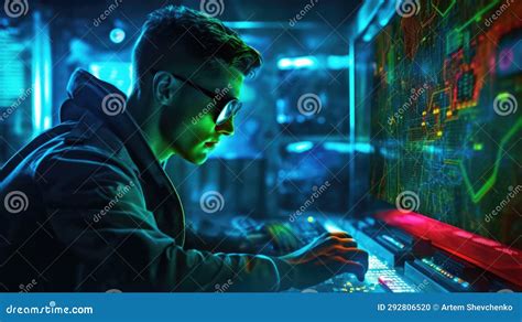 Depict A Skilled Cyberpunk Man Human Hacker In A Futuristic Setting