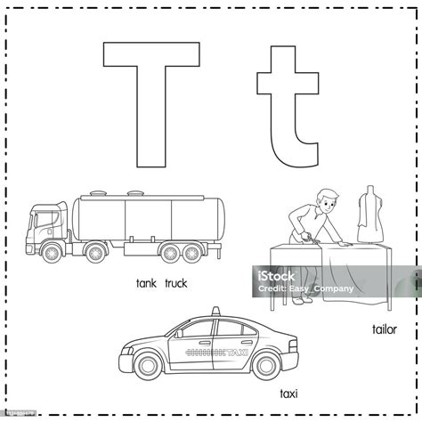 3 개의 만화 이미지를 가진 어린이를위한 소문자와 대문자 모두에서 문자 T를 학습하기위한 벡터 일러스트레이션 탱크 트럭 택시