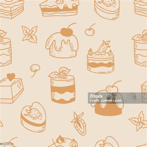 디저트와 매끄러운 패턴 페이스트리와 케이크 과자 딸기 체리 민트를 배경으로 한 디저트 벡터 그림입니다 디자인과 장식을 위한 라인 핸드 그린 낙서 가리기에 대한 스톡 벡터