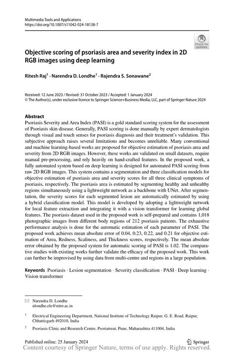Objective Scoring Of Psoriasis Area And Severity Index In 2d Rgb Images