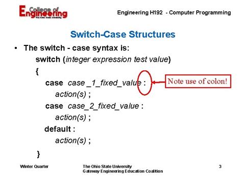 Engineering H 192 Computer Programming Switch Case Structures