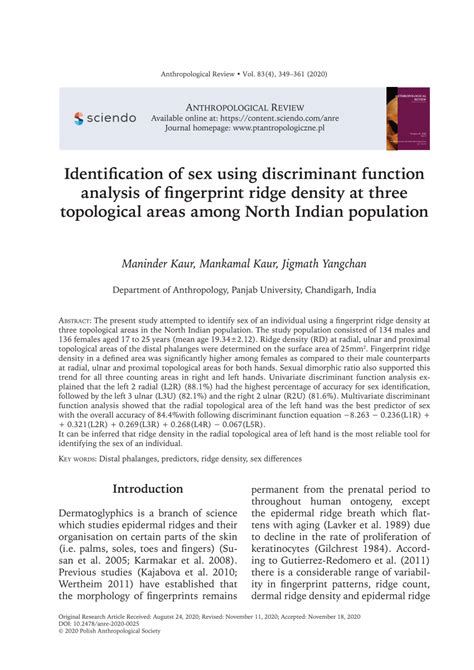 Pdf Identification Of Sex Using Discriminant Function Analysis Of