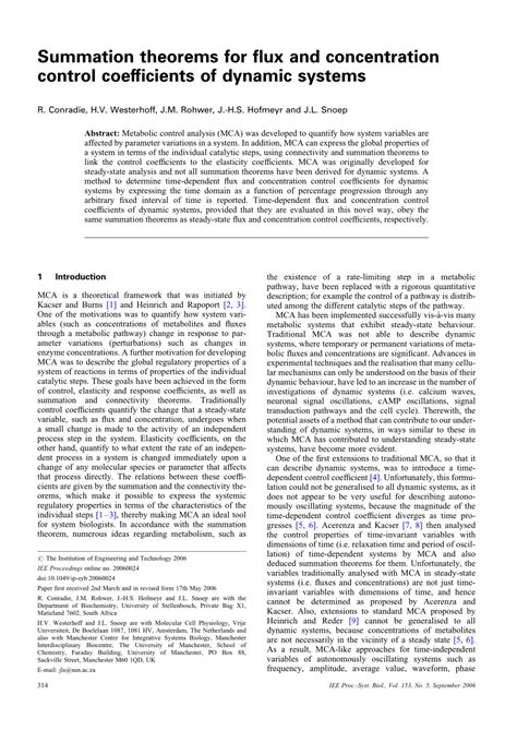 Pdf Summation Theorems For Flux And Concentration Control Coefficients Of Dynamic Systems