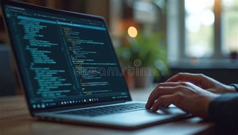 Programmer Works With Laptop Types Code Developer Writes Program Or