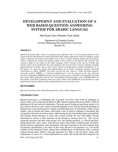 Developemnt And Evaluation Of A Web Based Question Answering System For Arabic Languag Pdf